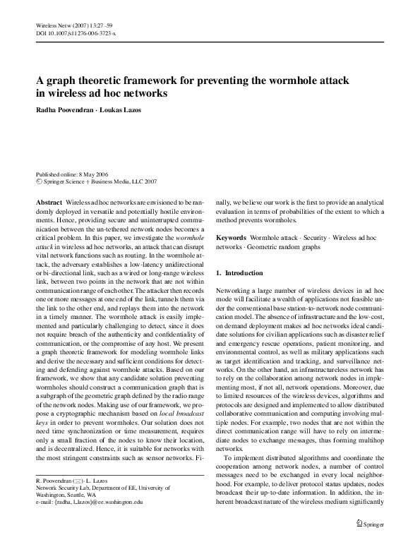 Pdf A Graph Theoretic Framework For Preventing The Wormhole Attack In Wireless Ad Hoc Networks