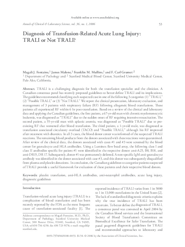 (PDF) Diagnosis of Transfusion-Related Acute Lung Injury: TRALI or Not ...
