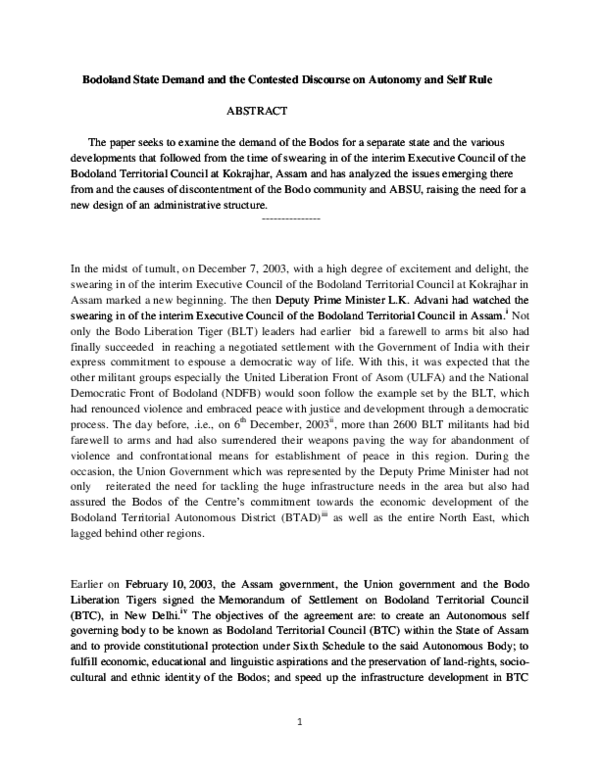 (PDF) Bodoland State Demand: Contested Discourse on Autonomy and Self Rule
