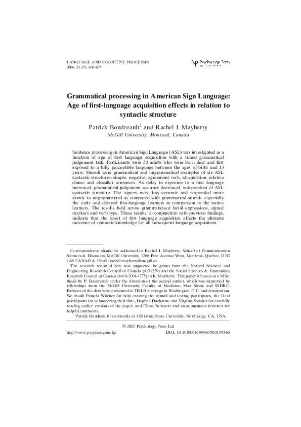 (PDF) Grammatical processing in American Sign Language: Age of first ...