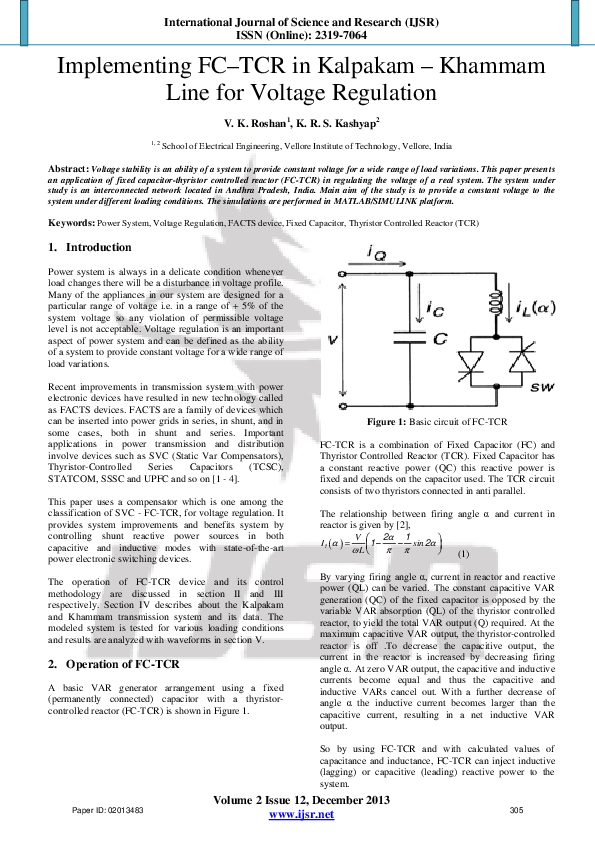 (PDF) Implementing FC–TCR in Kalpakam – Khammam Line for Voltage Regulation