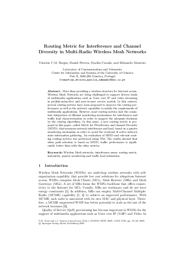 (PDF) Routing Metric for Interference and Channel Diversity in Multi-Radio Wireless Mesh Networks