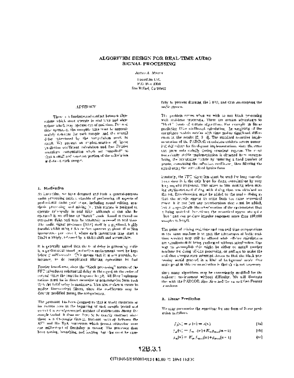 Algorithm Design For Real Time Audio Signal Processing James Moorer