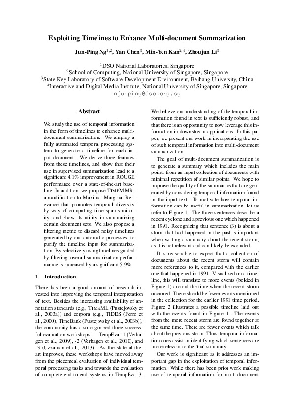 Exploiting Timelines To Enhance Multi Document Summarization