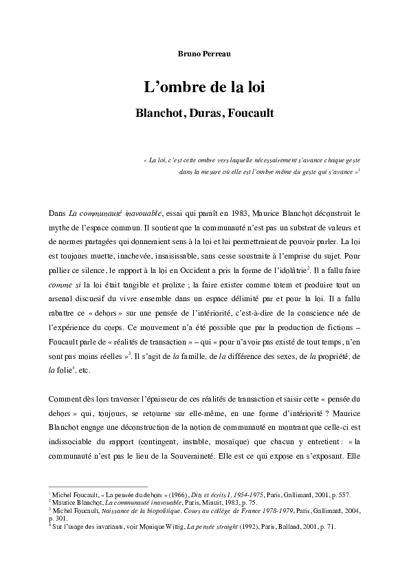 (PDF) L'ombre de la loi. Blanchot, Duras, Foucault / The Shadow of the ...