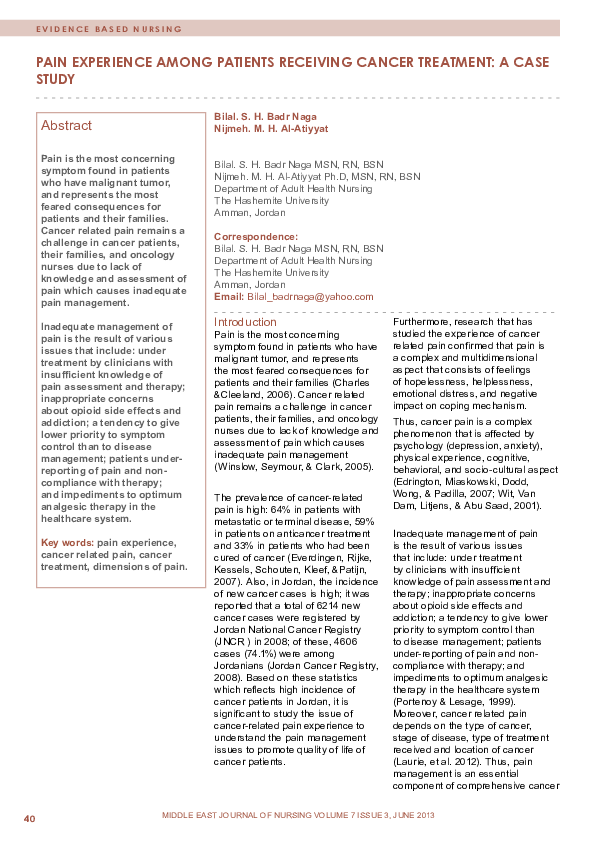 (PDF) Pain Experience Patients Receiving Cancer Treatment: A Case Study
