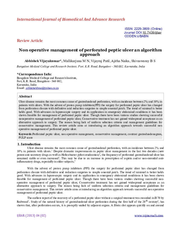 (PDF) Non operative management of perforated peptic ulcer an algorithm approach
