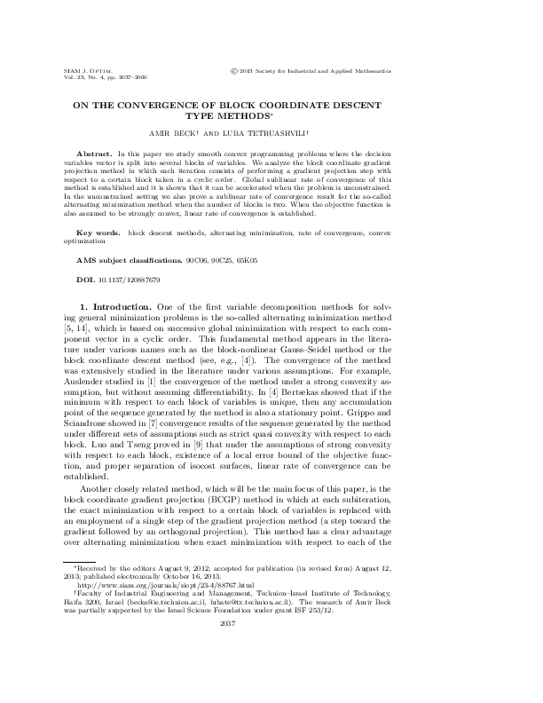 Pdf On The Convergence Of Block Coordinate Descent Type Methods