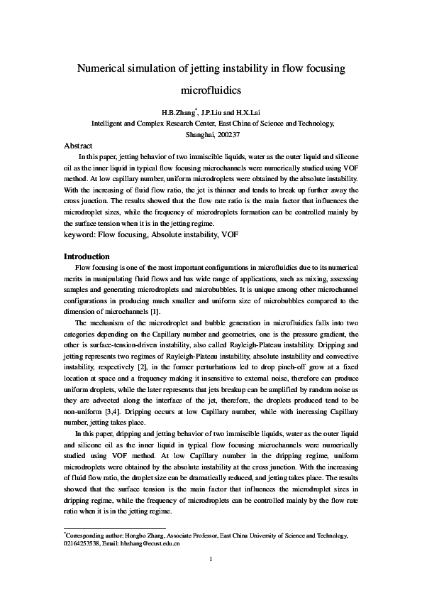 (PDF) Numerical simulation of jetting instability in flow focusing microfluidics