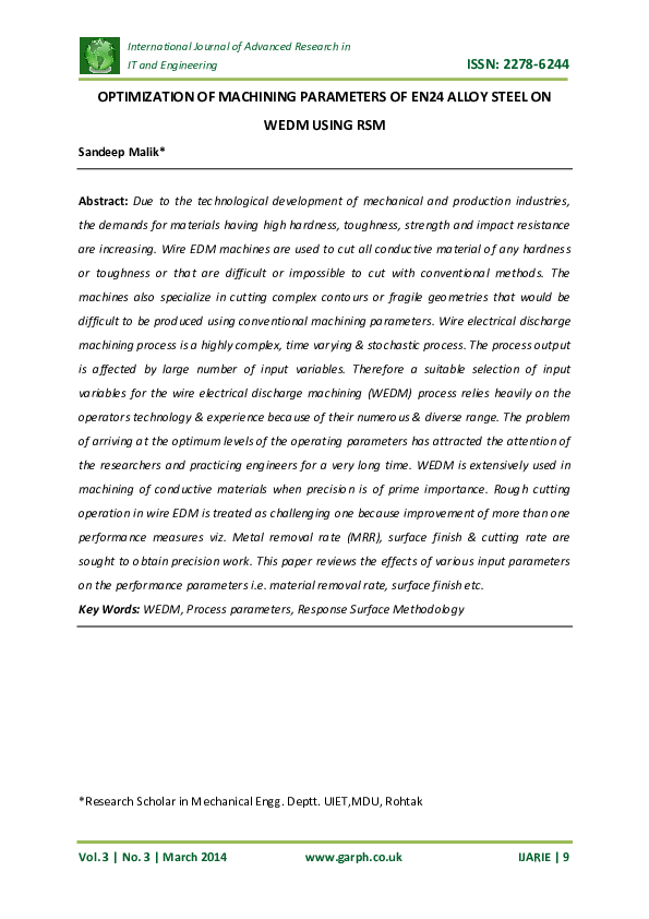 (PDF) OPTIMIZATION OF MACHINING PARAMETERS OF EN24 ALLOY STEEL ON WEDM USING RSM