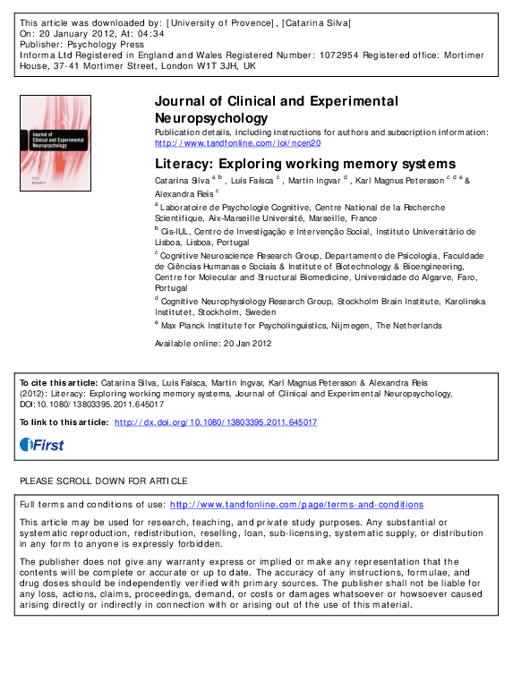 (PDF) Literacy: Exploring working memory systems