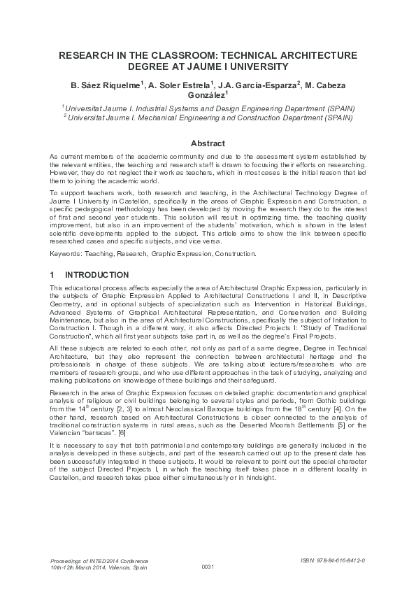 (PDF) Research in the classroom Technical Arquitectura Degree at Jaume ...