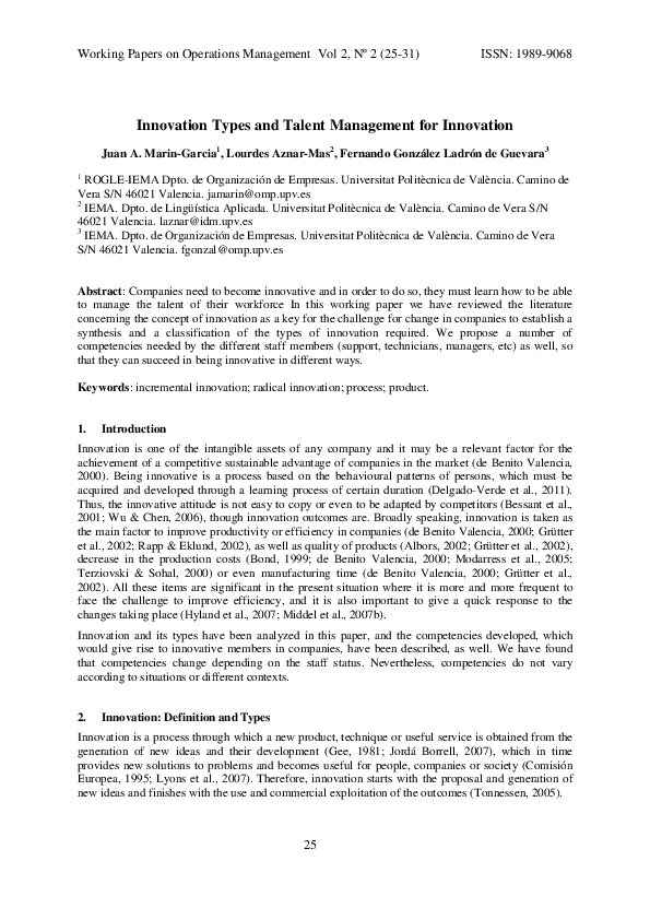 Working Papers on Operations Management Vol 2, Nº 2 Innovation Types ...