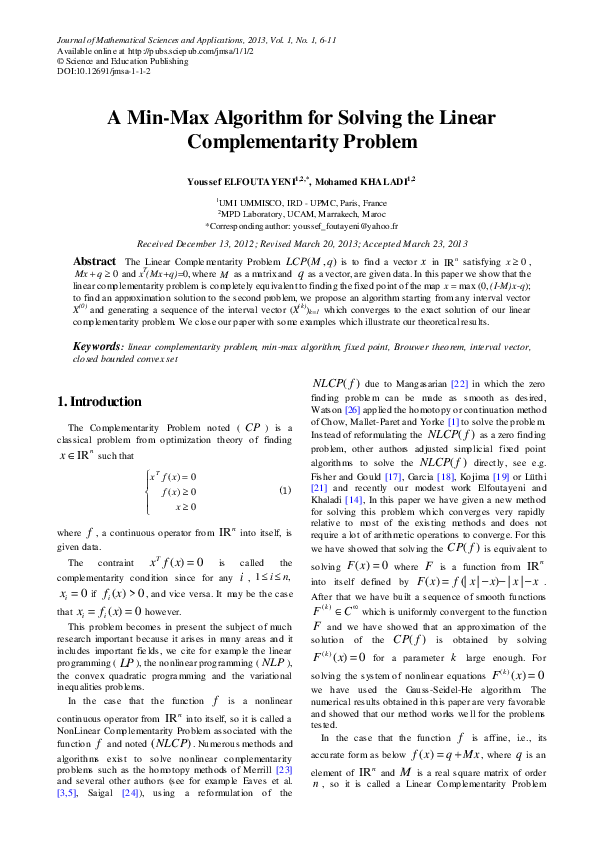 Pdf A Min Max Algorithm For Solving The Linear Complementarity Problem