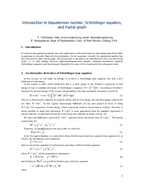 (PDF) Inttroduction to biquaternion, Schrodinger equation, and fractal ...