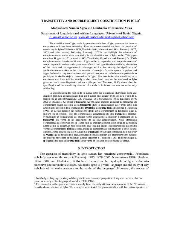 (PDF) TRANSITIVITY AND DOUBLE OBJECT CONSTRUCTION IN IGBÒ ̀ ̀ ̀