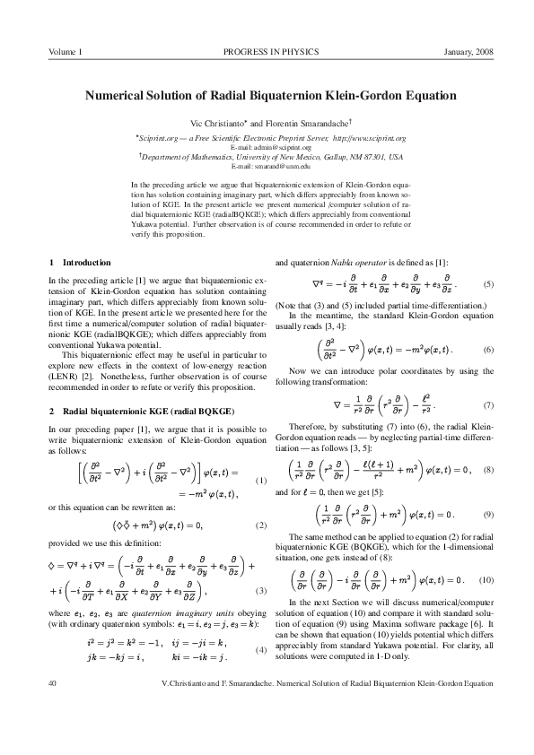 (PDF) Numerical Solution of Radial Biquaternion Klein-Gordon Equation