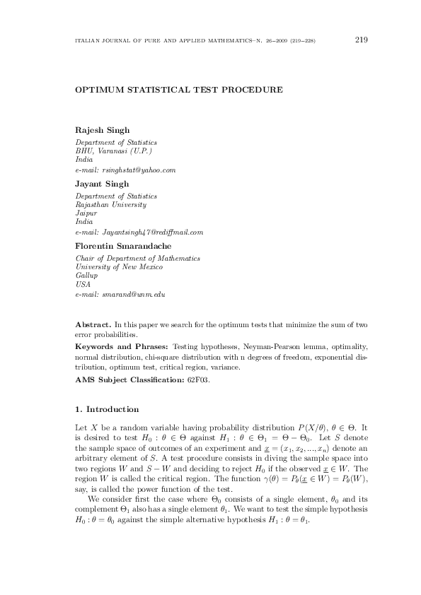 (PDF) OPTIMUM STATISTICAL TEST PROCEDURE
