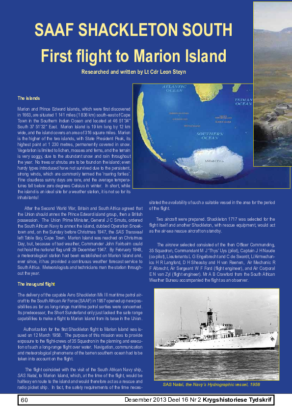 (PDF) SAAF Shackleton south: First flight to Marion Island