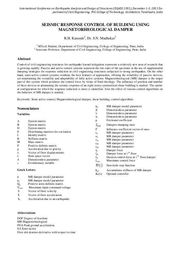 (PDF) SEISMIC RESPONSE CONTROL OF BUILDING USING MAGNETORHEOLOGICAL DAMPER