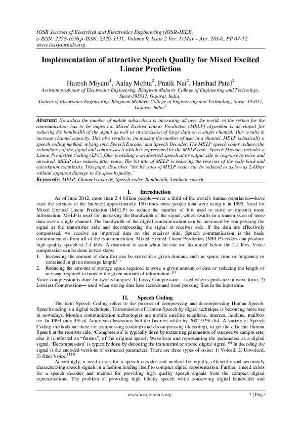 (PDF) Implementation of attractive Speech Quality for Mixed Excited Linear Prediction