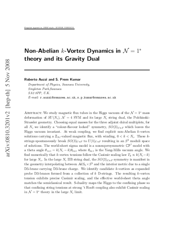 (PDF) Non-Abelian k-Vortex Dynamics in N=1^* theory and its Gravity Dual