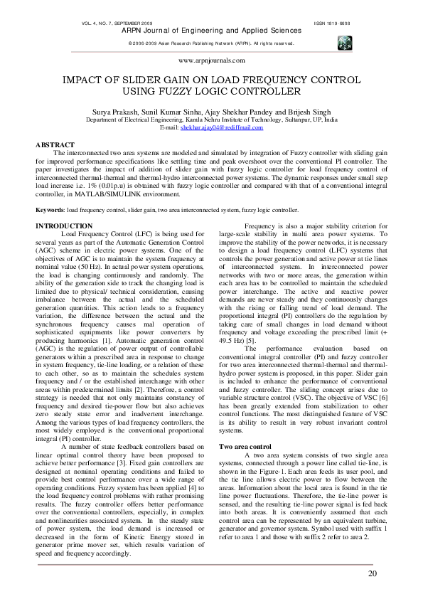 (PDF) IMPACT OF SLIDER GAIN ON LOAD FREQUENCY CONTROL USING FUZZY LOGIC CONTROLLER | brijesh ...
