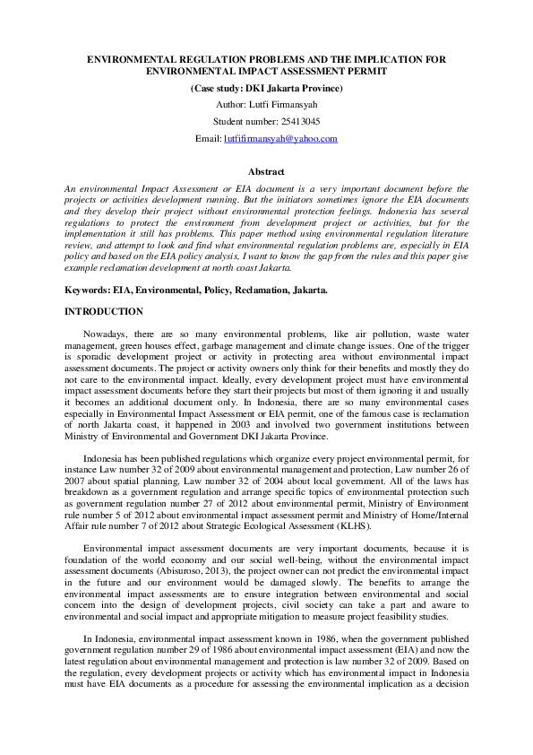 (PDF) ENVIRONMENTAL REGULATION PROBLEMS AND THE IMPLICATION FOR ...