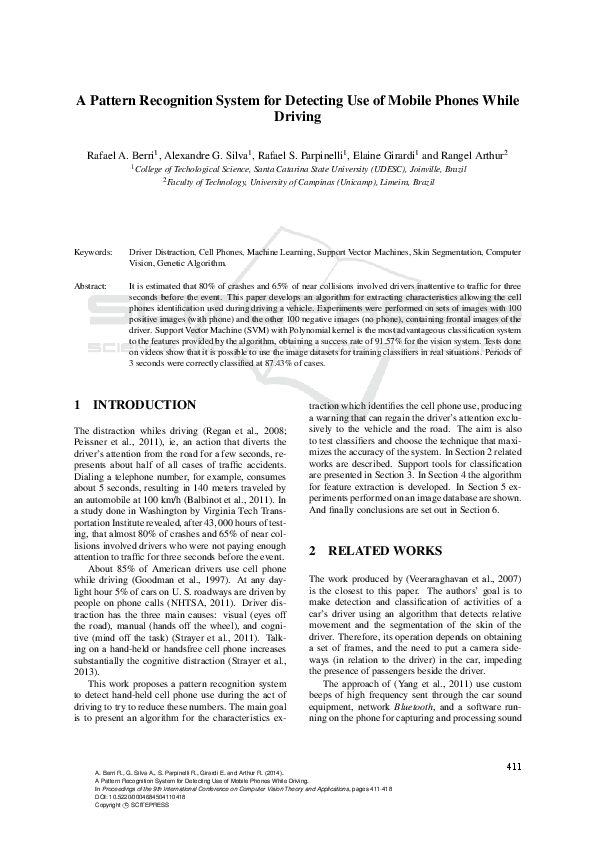 A Pattern Recognition System For Detecting Use Of Mobile Phones While Driving
