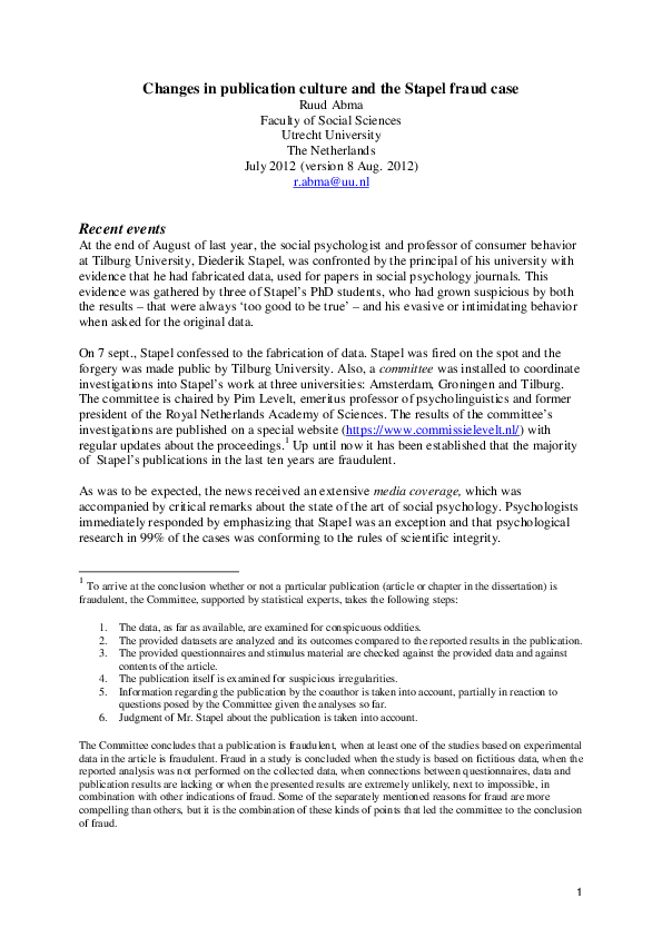 (PDF) Changes in publication culture and the Stapel fraud case