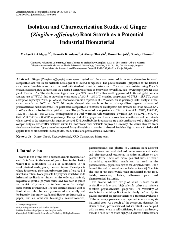 (PDF) Isolation and Characterization Studies of Ginger (Zingiber officinale) Root Starch as a ...