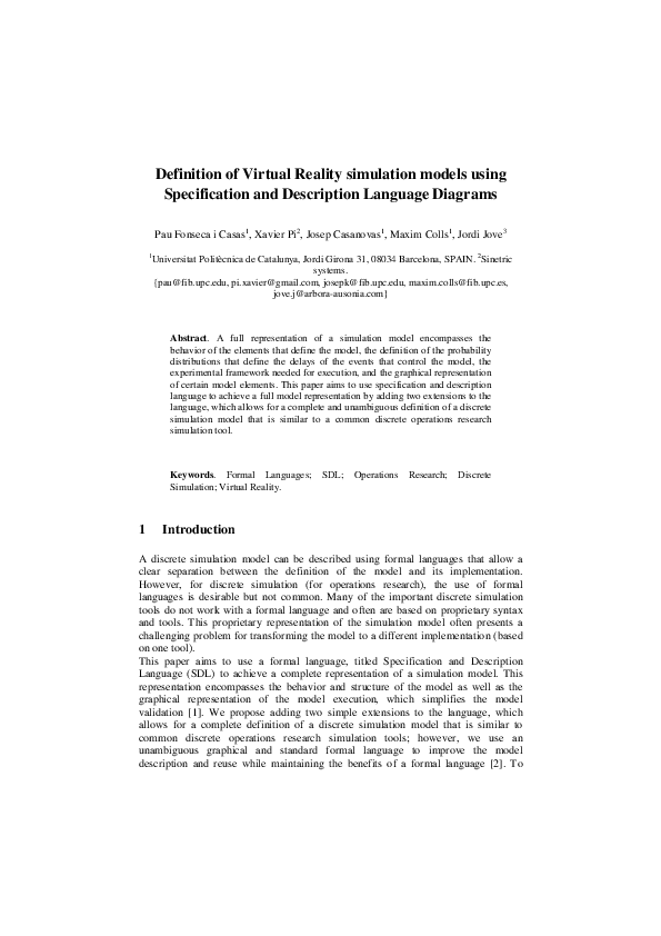 Definition of Virtual Reality simulation models using Specification and Description Language ...