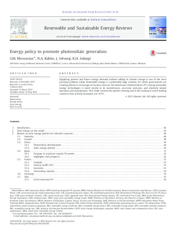 (PDF) Energy policy to promote photovoltaic generation