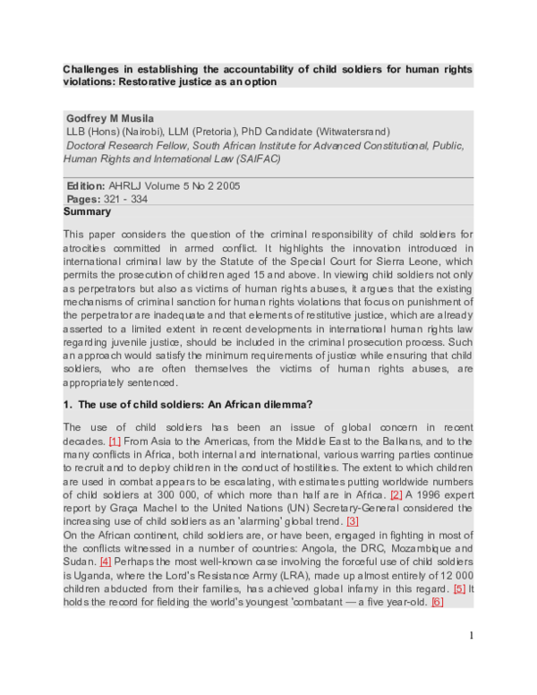 (DOC) Challenges in establishing accountability of child soldiers ...