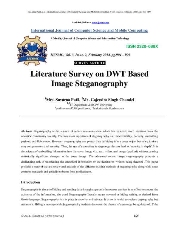 Pdf Literature Survey On Dwt Based Image Steganography﻿ Ijcsmc Journal