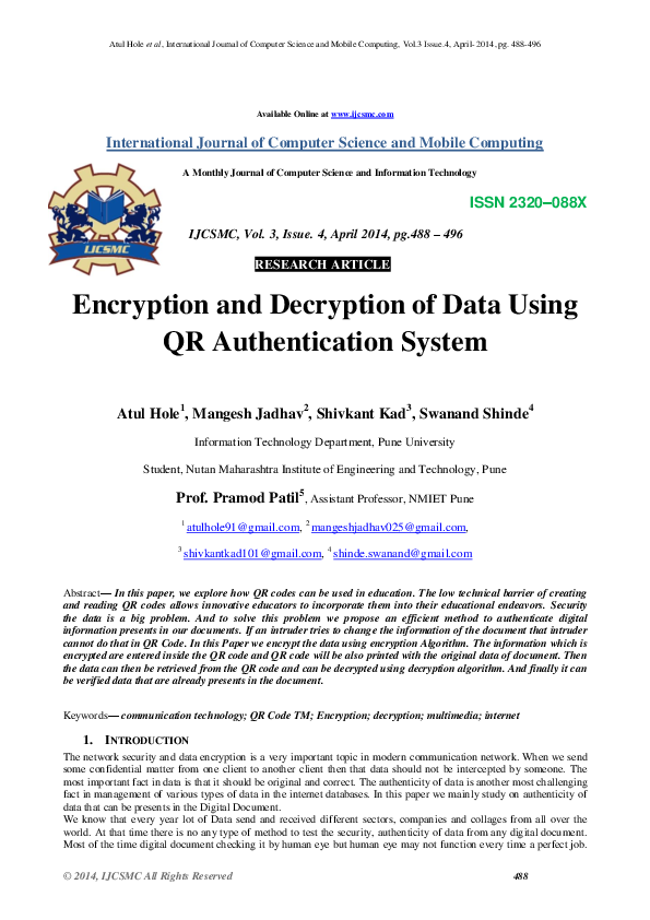 (PDF) Encryption and Decryption of Data Using QR Authentication System