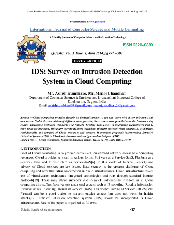 Pdf Ids Survey On Intrusion Detection System In Cloud Computing﻿