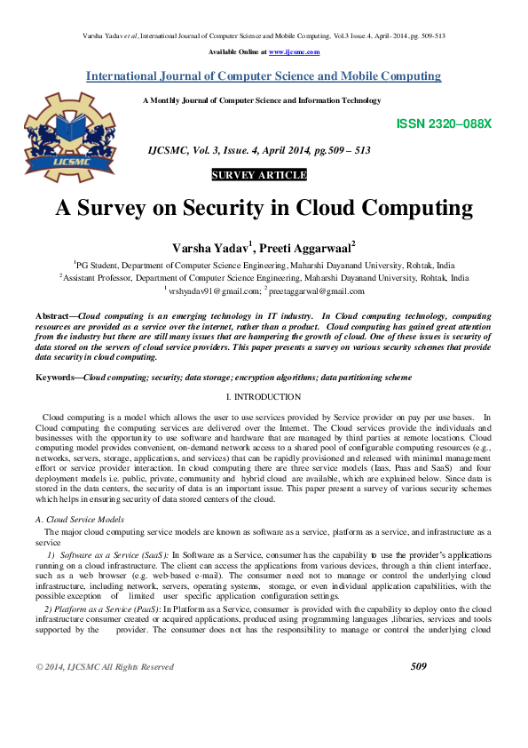 Pdf A Survey On Security In Cloud Computing