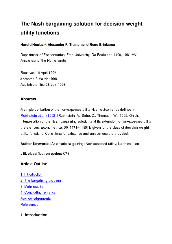 (PDF) The Nash bargaining solution for decision weight utility functions
