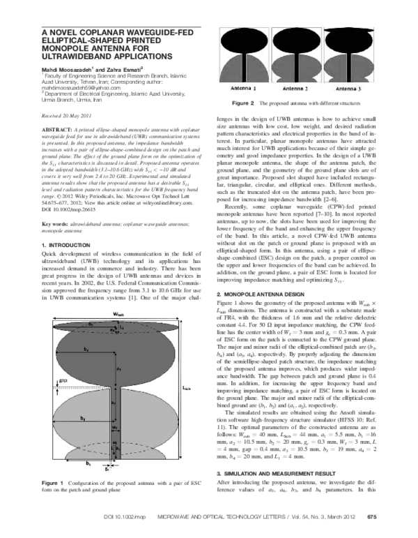 Pdf A Novel Coplanar Waveguide Fed Elliptical Shaped Printed Monopole