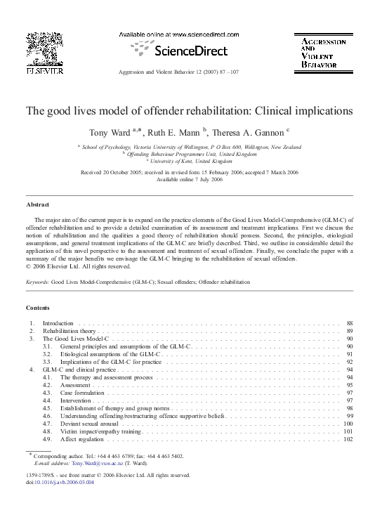 (PDF) The good lives model of offender rehabilitation: Clinical ...