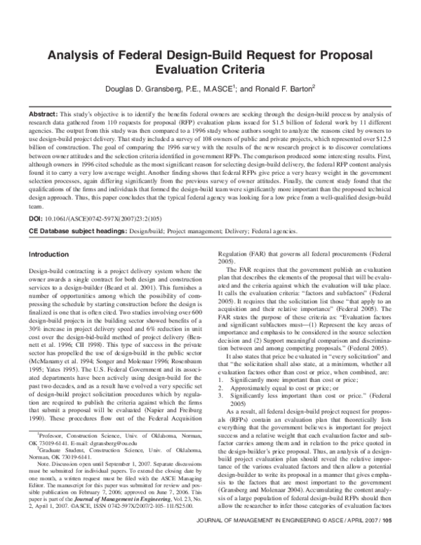 (PDF) Analysis of Federal Design-Build Request for Proposal Evaluation ...