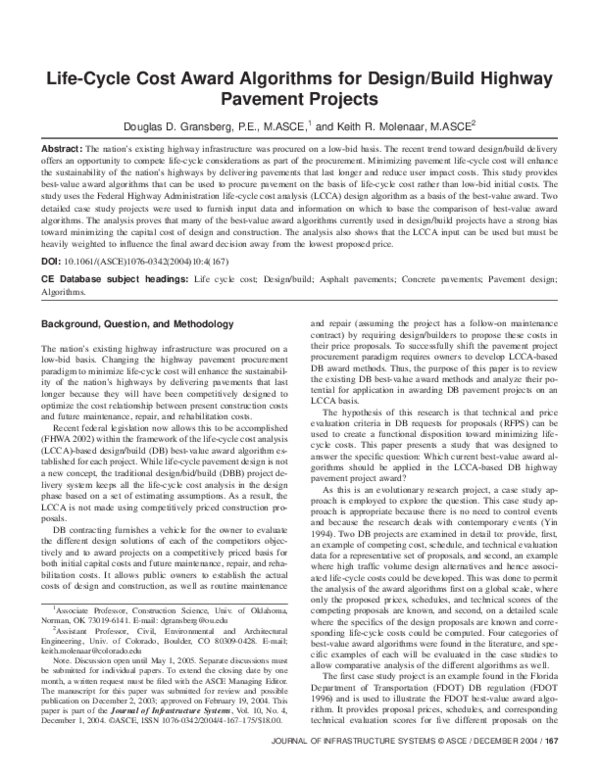(PDF) Life-Cycle Cost Award Algorithms for Design/Build Highway Pavement Projects