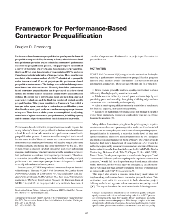 (PDF) Framework for Performance-Based Contractor Prequalification 2010