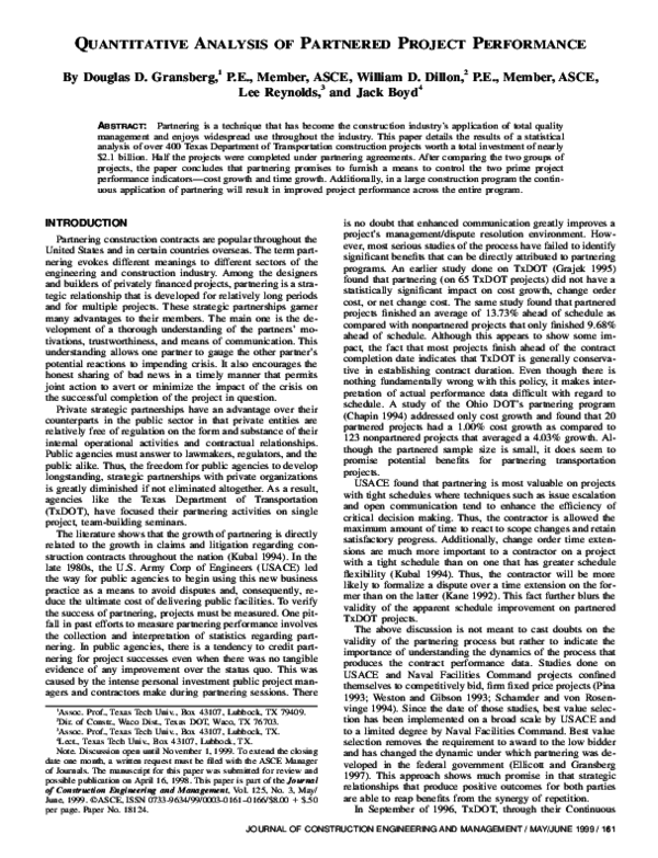 (PDF) Quantitative Analysis of Partnered Project Performance 1999 final pub