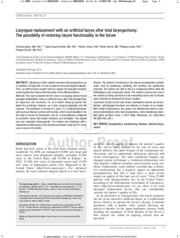 (PDF) Laryngeal replacement with an artificial larynx after total ...