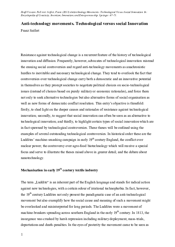 (PDF) Antitechnology Movements: Technological Versus Social Innovation