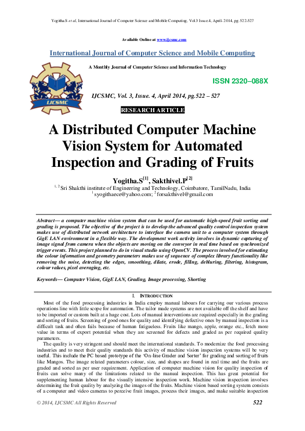 (PDF) A Distributed Computer Machine Vision System for Automated Inspection and Grading of Fruits﻿