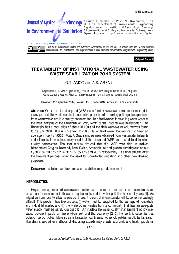 (PDF) TREATABILITY OF INSTITUTIONAL WASTEWATER USING WASTE ...