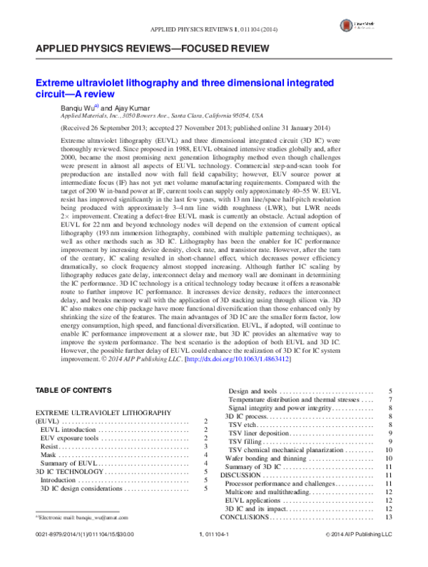 (PDF) APPLIED PHYSICS REVIEWS—FOCUSED REVIEW Extreme ultraviolet lithography and three ...